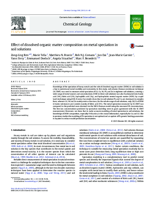 (PDF) Effect of dissolved organic matter composition on metal speciation in soil solutions