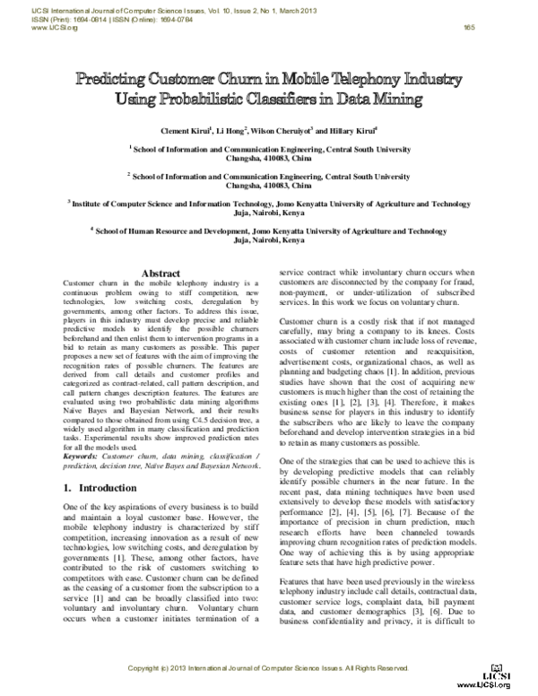 (PDF) Predicting Customer Churn in Mobile Telephony Industry Using ...