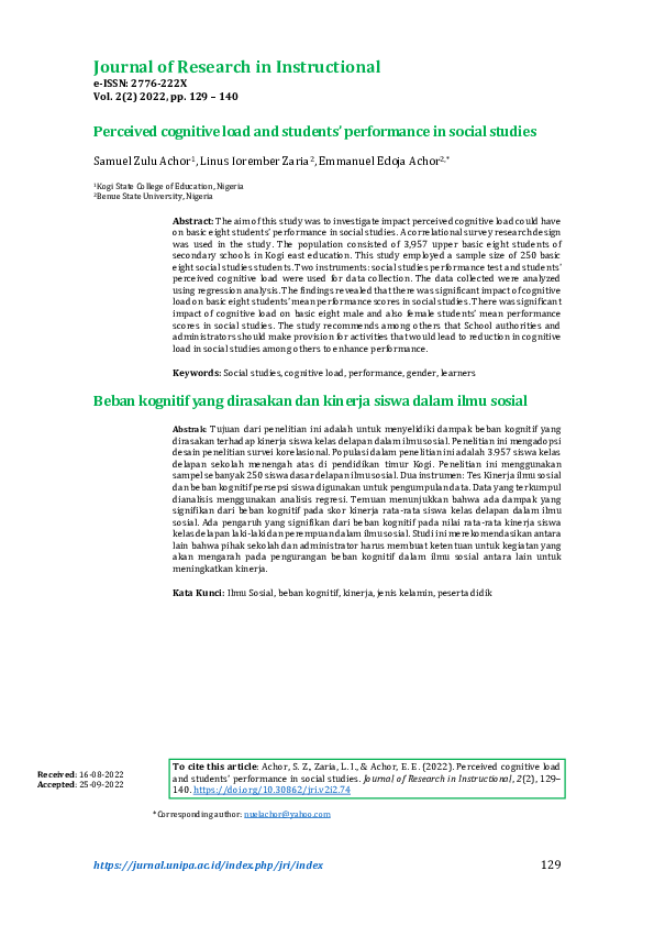(PDF) Perceived cognitive load and students' performance in social studies (PDF) Perceived cognitive load and students' performance in social studies