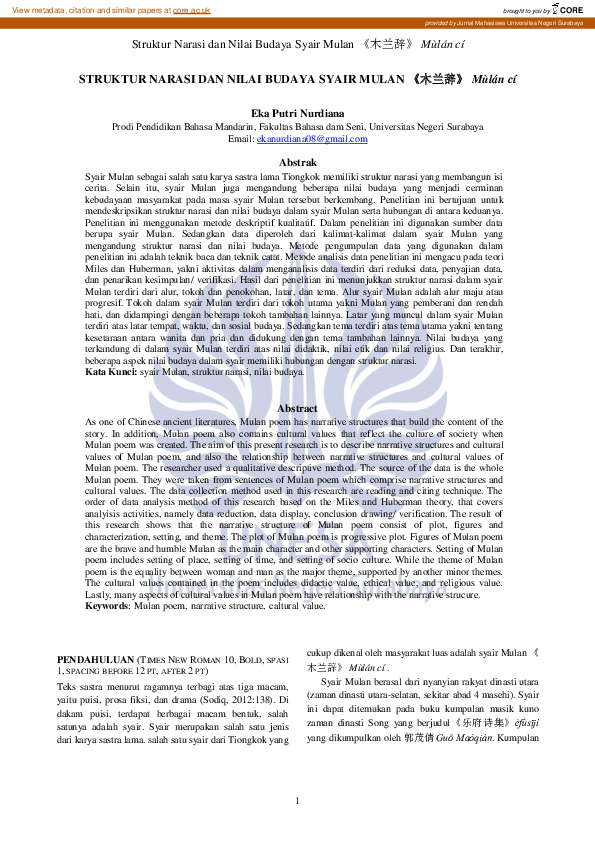 (PDF) STRUKTUR NARASI DAN NILAI BUDAYA SYAIR MULAN 《木兰辞》 Mùlán cí