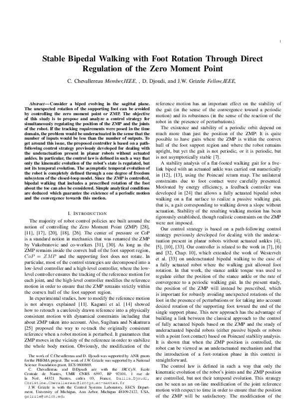 (PDF) Stable Bipedal Walking With Foot Rotation Through Direct Regulation of the Zero Moment Point
