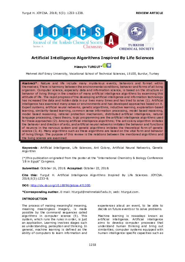 (PDF) Artificial Intelligence Algorithms Inspired By Life Sciences | Hüseyin TURGUT - Academia.edu