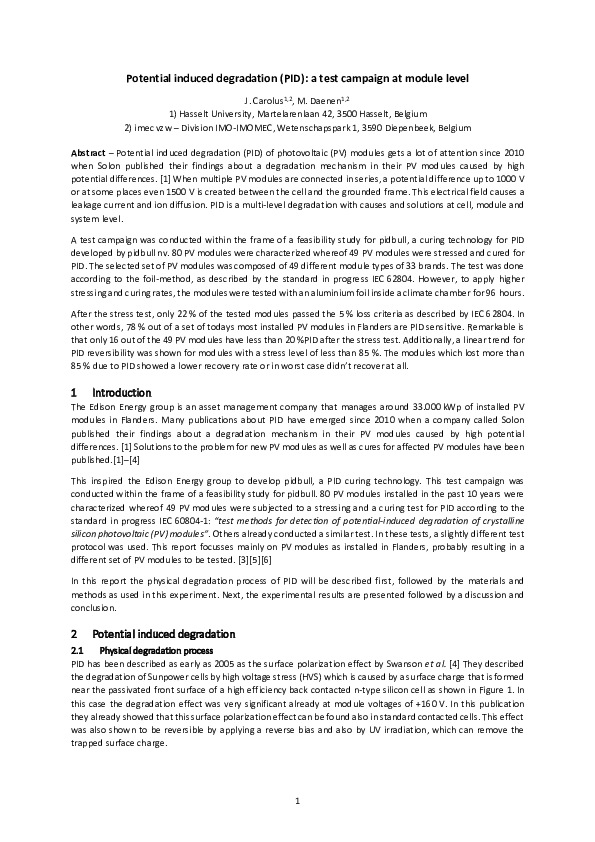(PDF) Potential-induced degradation (PID); A test campaign at module level