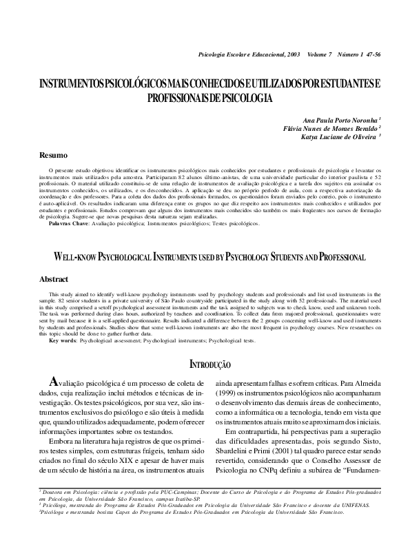 (PDF) Instrumentos psicológicos mais conhecidos e utilizados por ...