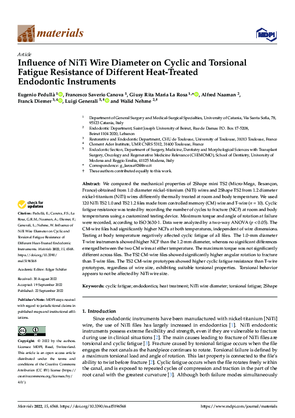 (PDF) Influence of NiTi Wire Diameter on Cyclic and Torsional Fatigue Resistance of Different ...