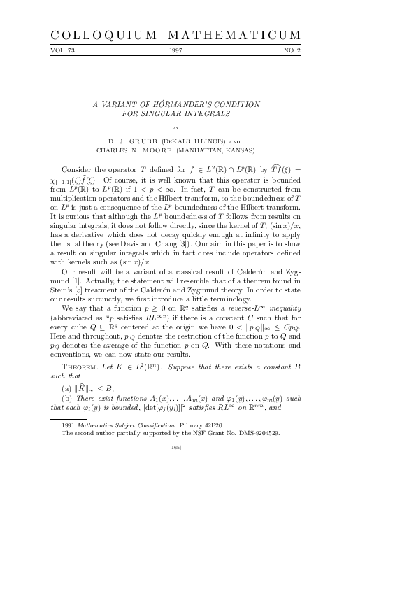 (PDF) A variant of Hörmander's conditionfor singular integrals