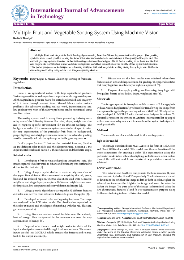 (PDF) Multiple Fruit and Vegetable Sorting System Using Machine Vision
