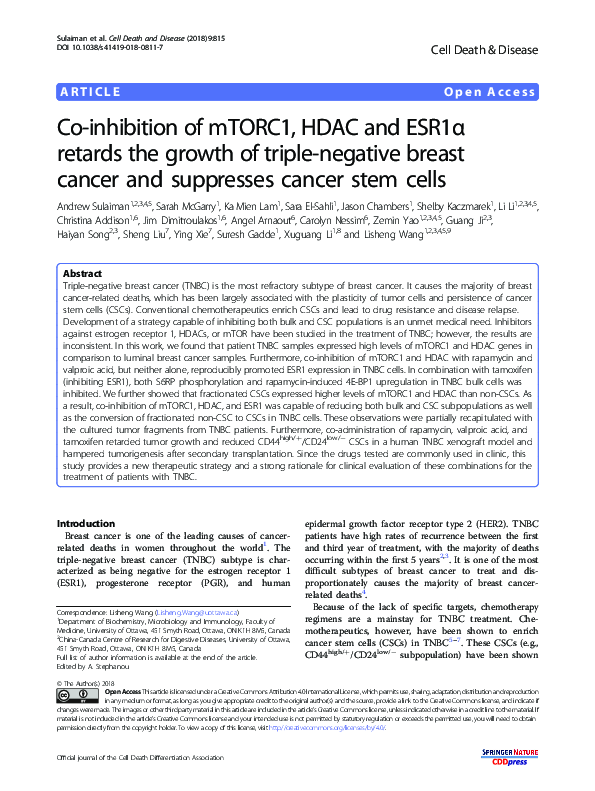 (PDF) Co-inhibition of mTORC1, HDAC and ESR1α retards the growth of ...