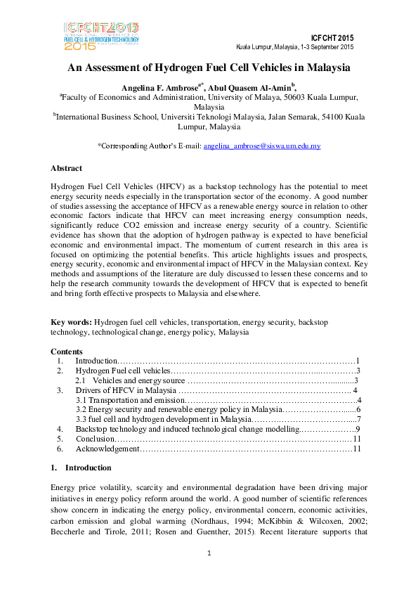 (PDF) An assessment of hydrogen fuel cell vehicles in Malaysia