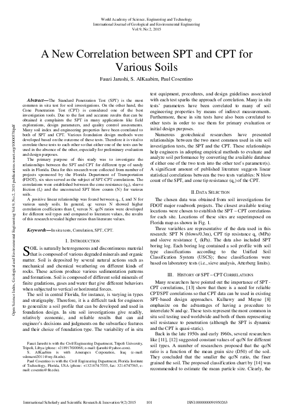 (PDF) A New Correlation Between Spt And Cpt For Various Soils