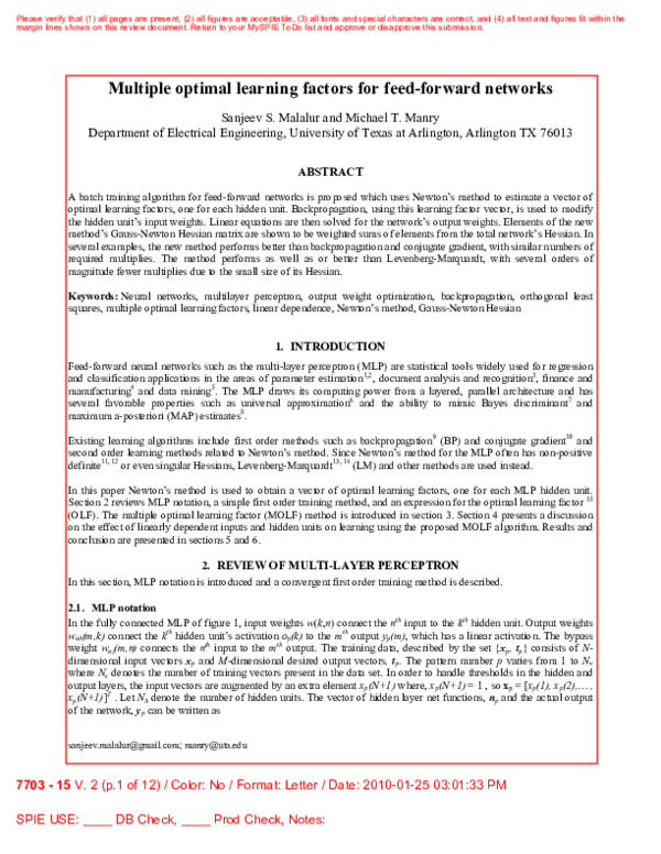 Multiple optimal learning factors for feed-forward networks