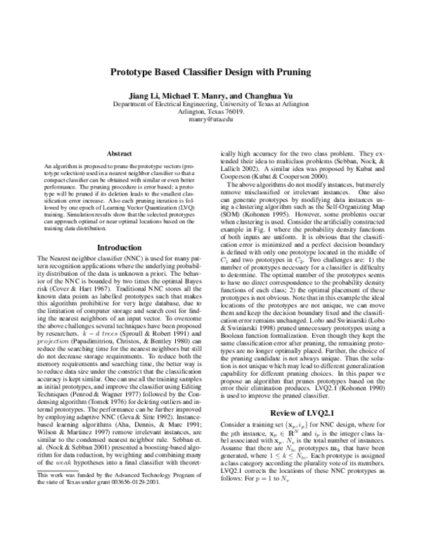 Pdf Prototype Based Classifier Design With Pruning