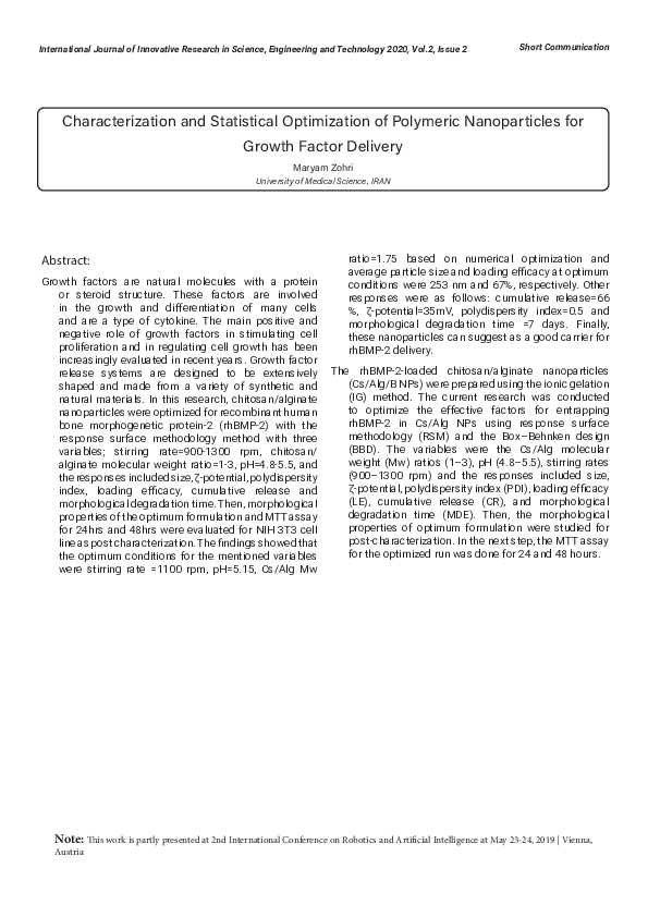 Pdf Optimizing Chitosan Alginate Nanoparticles For Growth Factor Delivery