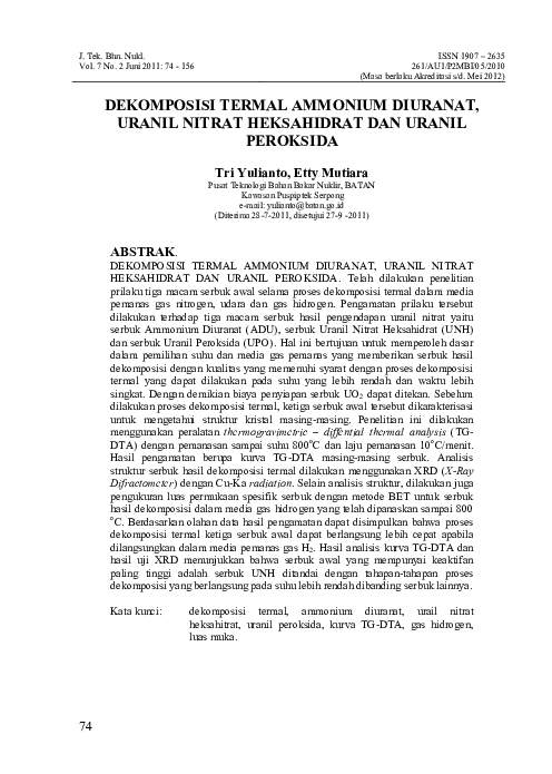 (PDF) Dekomposisi Termal Ammonium Diuranat, Uranil Nitrat Heksahidrat ...