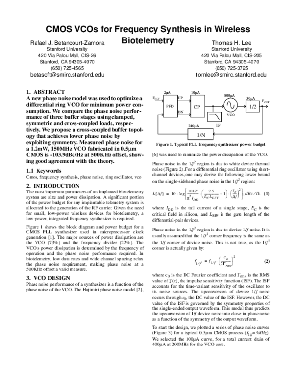 (PDF) CMOS VCOs for frequency synthesis in wireless biotelemetry