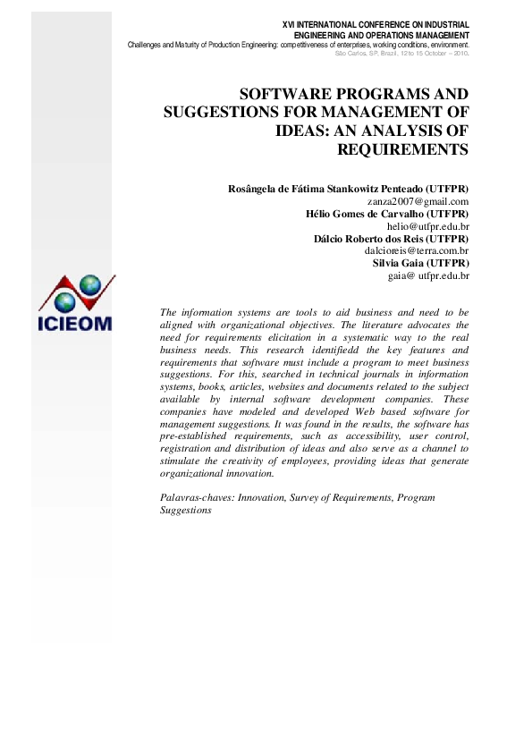 (PDF) Software Programs and Suggestions for Management of Ideas: An Analysis of Requirements