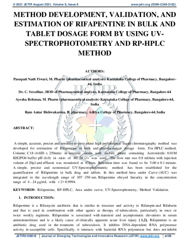 Pdf Method Development Validation And Estimation Of Rifapentine In Bulk And Tablet Dosage