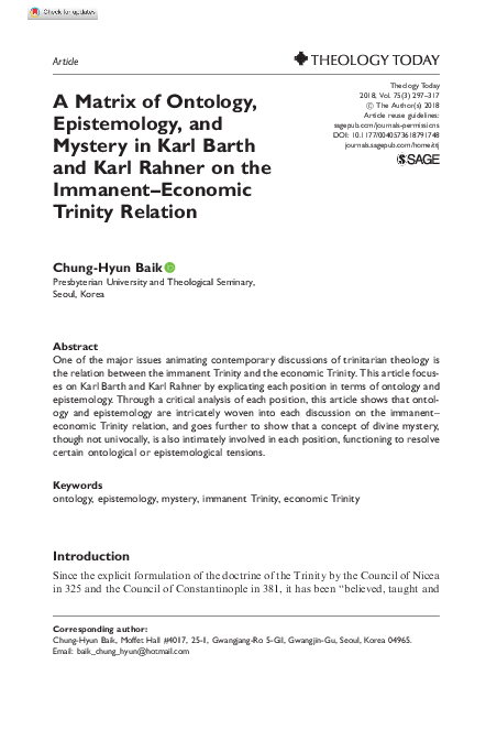 (PDF) A Matrix of Ontology, Epistemology, and Mystery in Karl Barth and ...