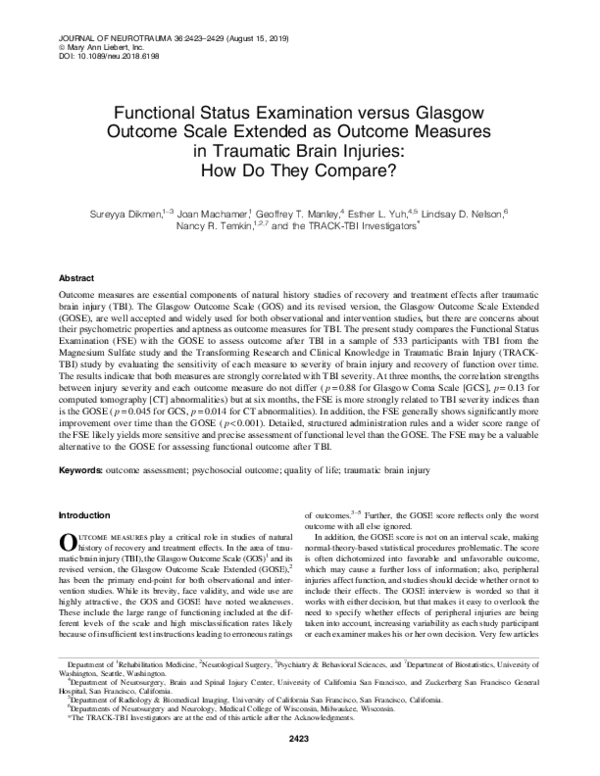 Functional Status Examination versus Glasgow Outcome Scale Extended as ...