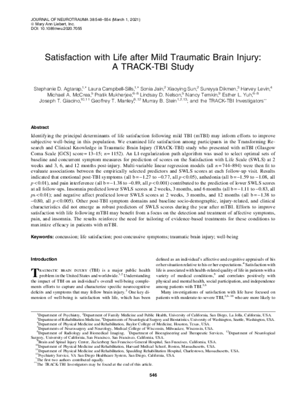 (PDF) Satisfaction with Life after Mild Traumatic Brain Injury: A TRACK-TBI Study
