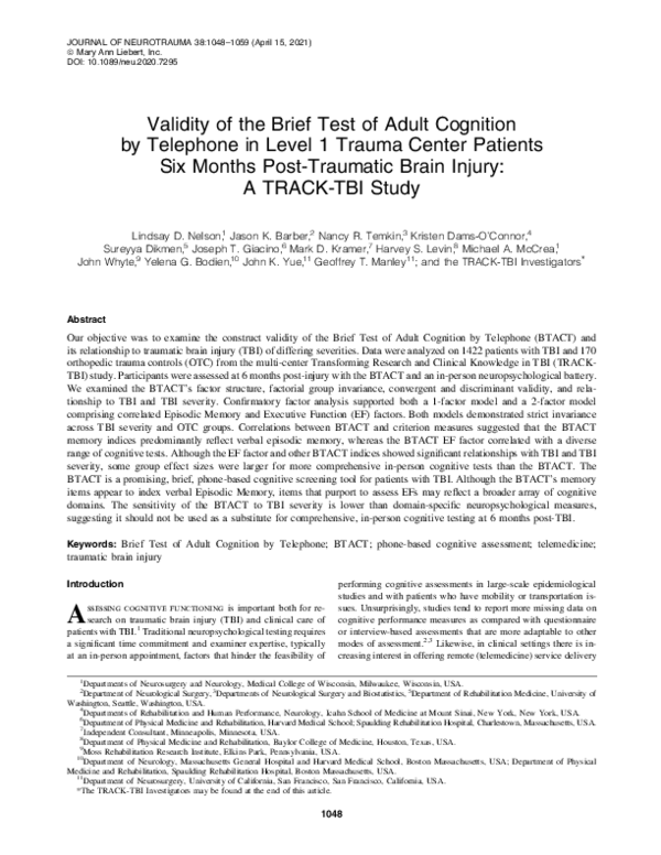 (PDF) Validity of the Brief Test of Adult Cognition by Telephone in ...