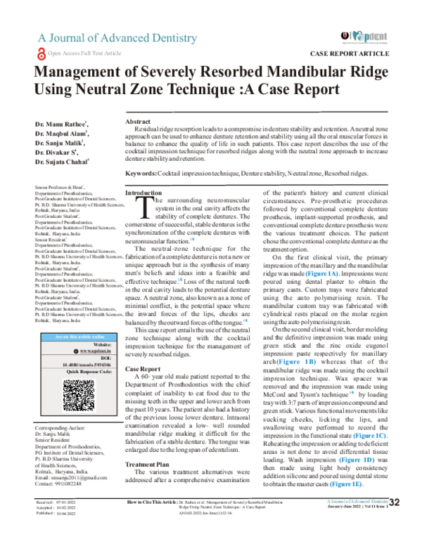 (PDF) Neutral Zone Technique for Resorbed Ridges
