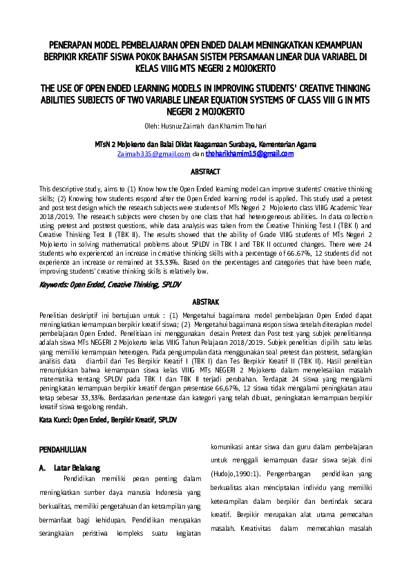 (PDF) Penerapan Model Pembelajaran Open Ended Dalam Meningkatkan Kemampuan Berpikir Kreatif ...