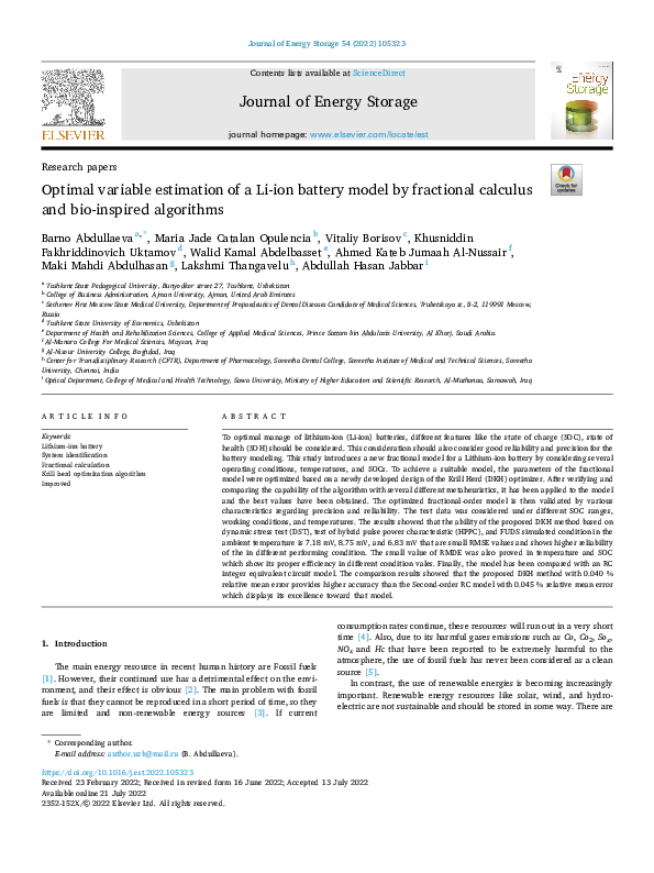 (PDF) Optimal variable estimation of a Li-ion battery model by fractional calculus and bio ...