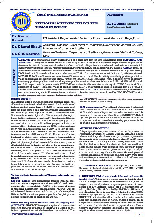 (PDF) Nestroft as Screening Test for Beta Thalassemia Trait