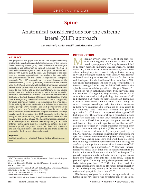 (PDF) Anatomical considerations for the extreme lateral (XLIF) approach