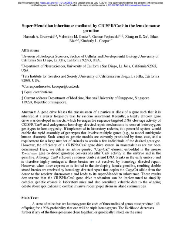 (PDF) Super-Mendelian inheritance mediated by CRISPR/Cas9 in the female ...