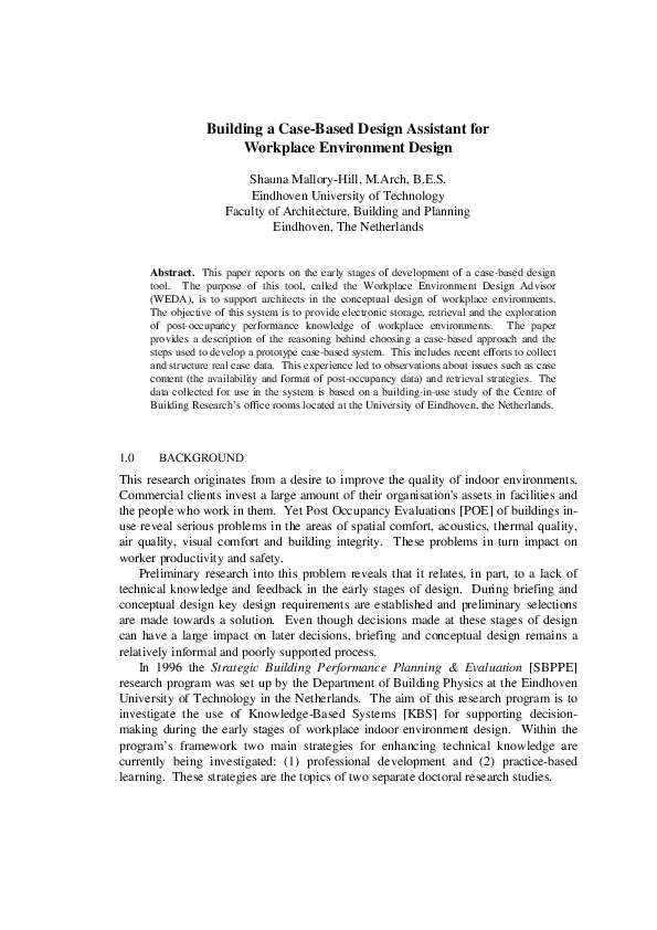 (PDF) Building a Case-Based Design Assistant for Workplace Environment ...
