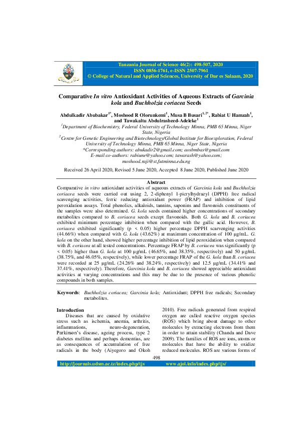 (PDF) Comparative In vitro Antioxidant Activities of Aqueous Extracts of Garcinia kola and ...