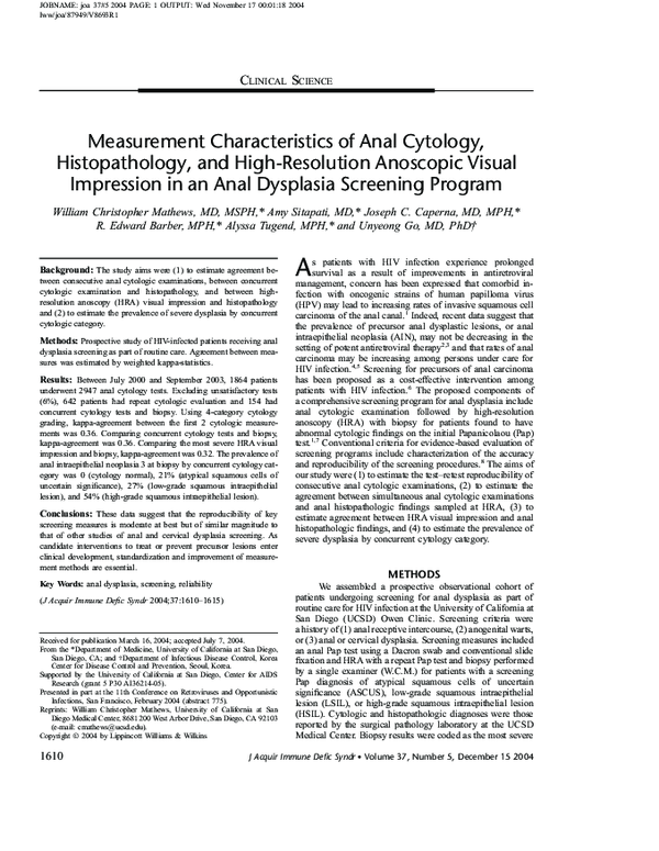 (PDF) Measurement Characteristics of Anal Cytology, Histopathology, and ...