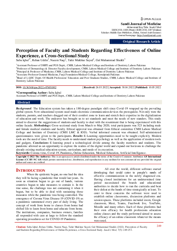 (PDF) Perception of Faculty and Students Regarding Effectiveness of Online Experience, a Cross ...