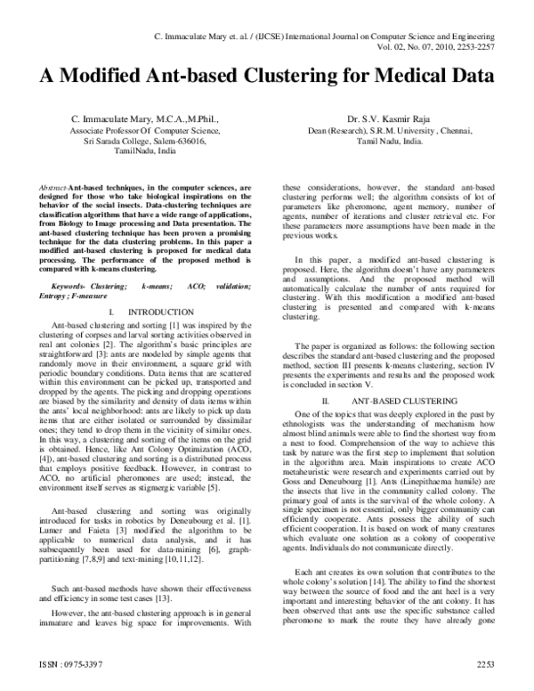 Pdf A Modified Ant Based Clustering For Medical Data