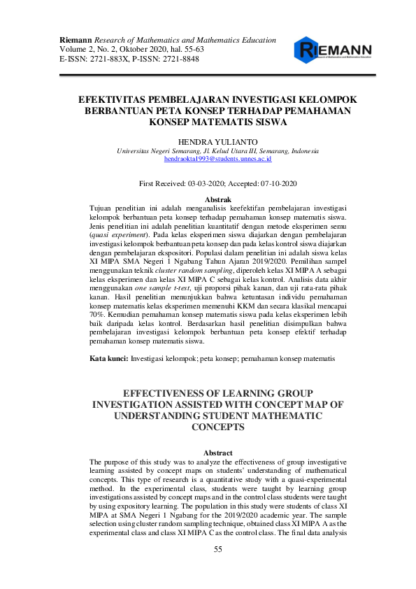 (PDF) Efektivitas Pembelajaran Investigasi Kelompok Berbantuan Peta Konsep Terhadap Pemahaman ...