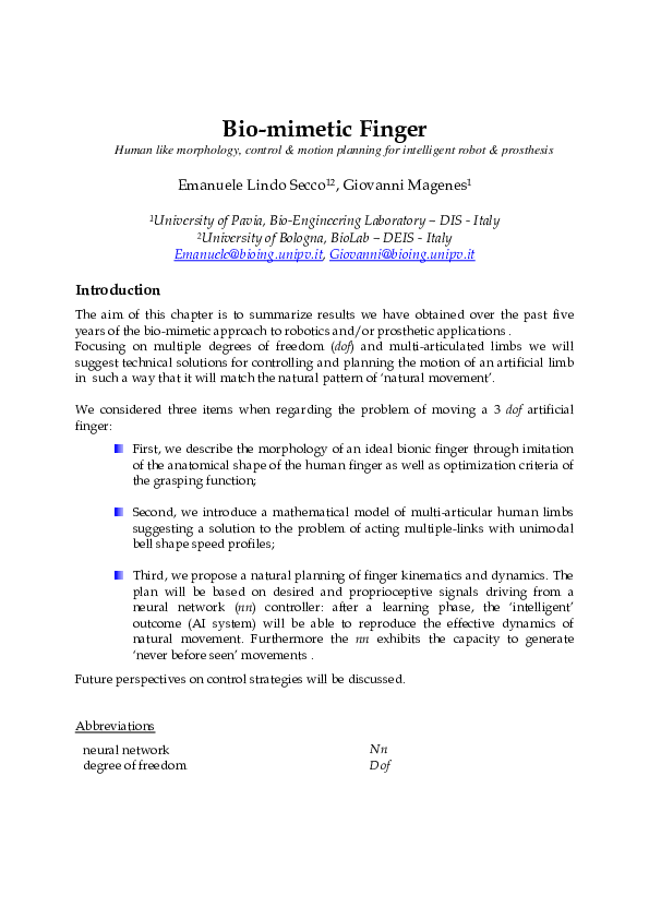 (PDF) Bio-mimetic Finger - Human like morphology, control & motion ...
