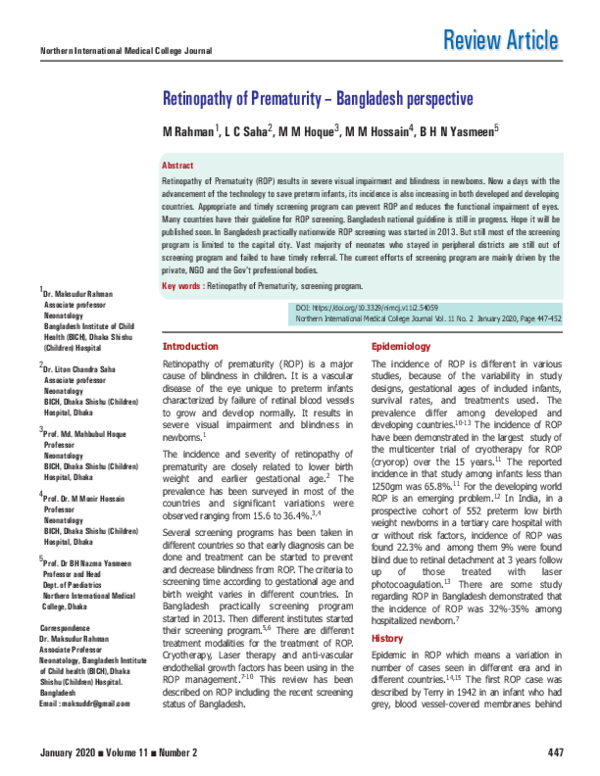 (PDF) Retinopathy of Prematurity – Bangladesh perspective