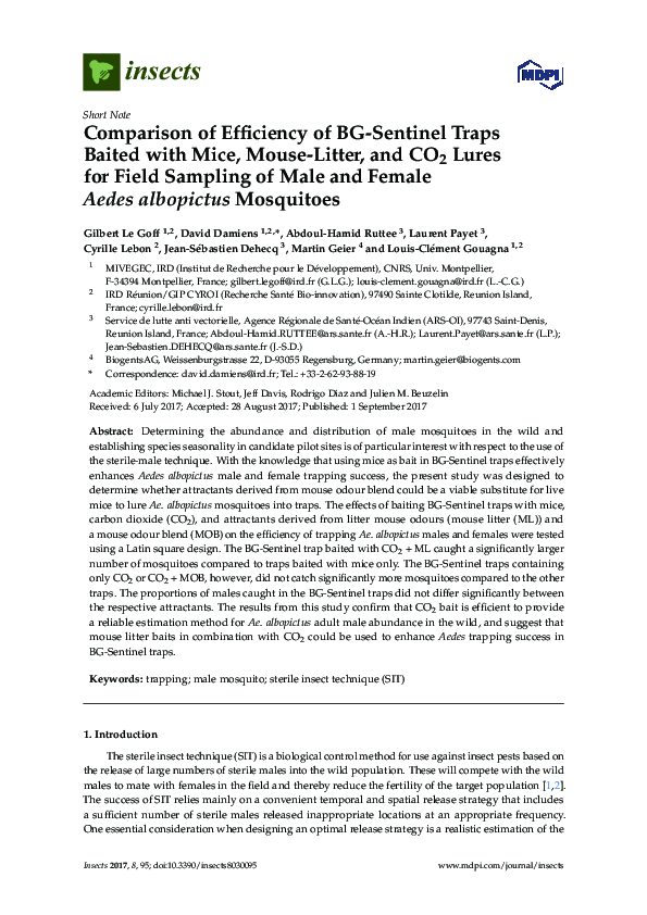 (PDF) Comparison of Efficiency of BG-Sentinel Traps Baited with Mice, Mouse-Litter, and CO2 ...