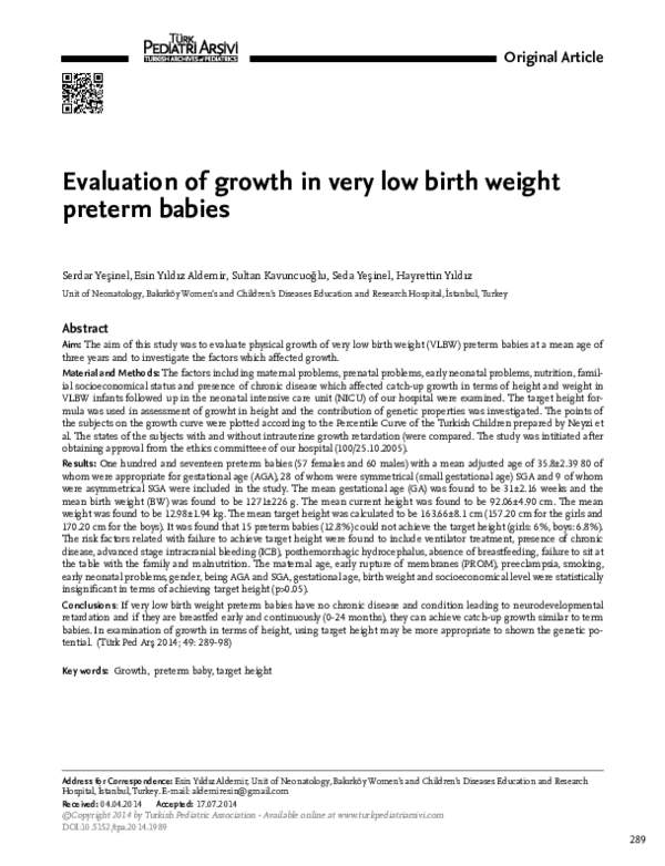 (PDF) Evaluation of growth in very low birth weight preterm babies