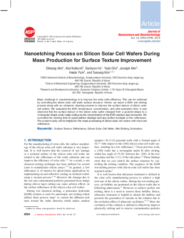 (PDF) Nanoetching Process on Silicon Solar Cell Wafers During Mass ...