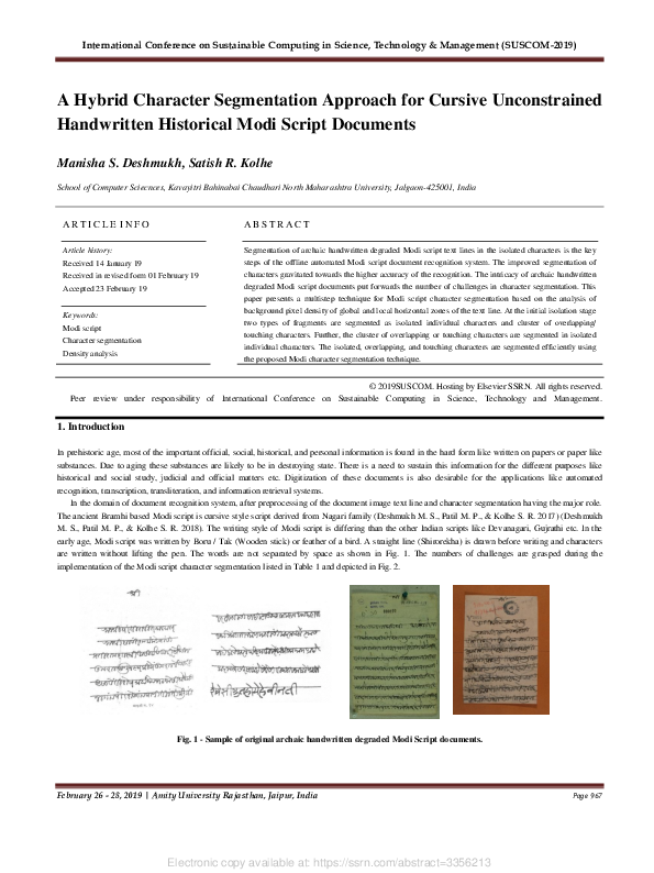 Pdf A Hybrid Character Segmentation Approach For Cursive Unconstrained Handwritten Historical