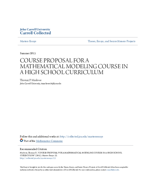 (PDF) Course Proposal for a Mathematical Modeling Course in a High ...