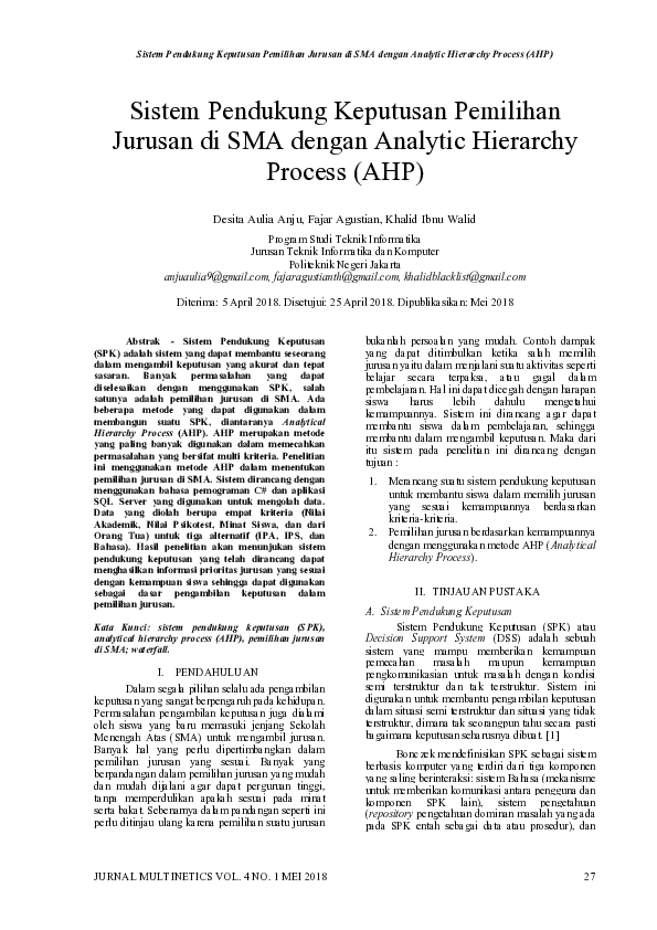 (PDF) Sistem Pendukung Keputusan Pemilihan Jurusan di SMA dengan ...