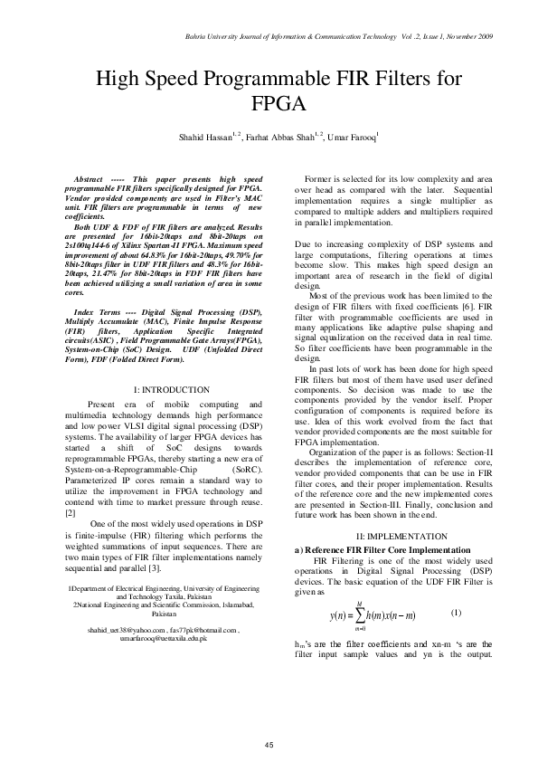 (PDF) High Speed Programmable FIR Filters for FPGA