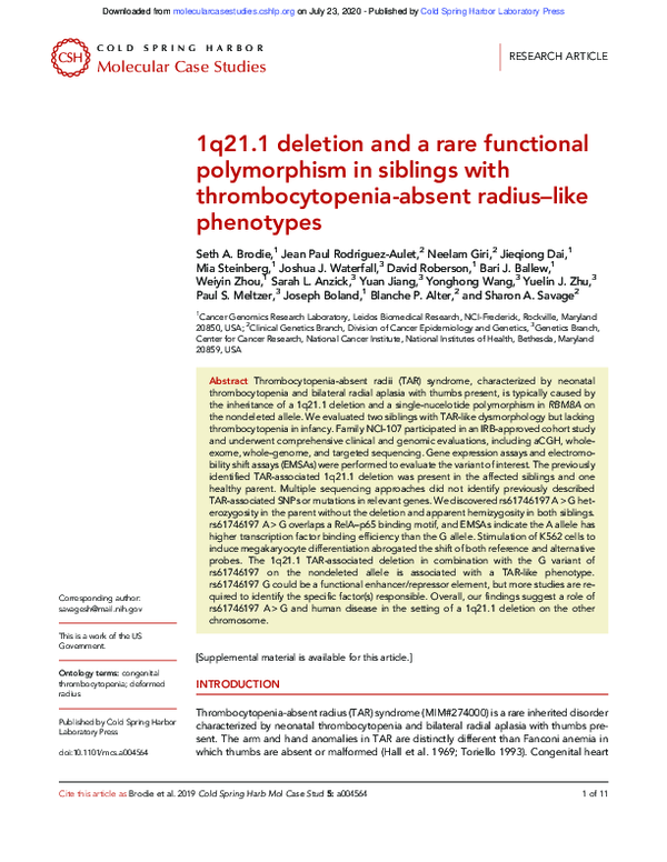 (PDF) 1Q21.1 Deletion and a Rare Functional Polymorphism in Siblings with Thrombocytopenia ...
