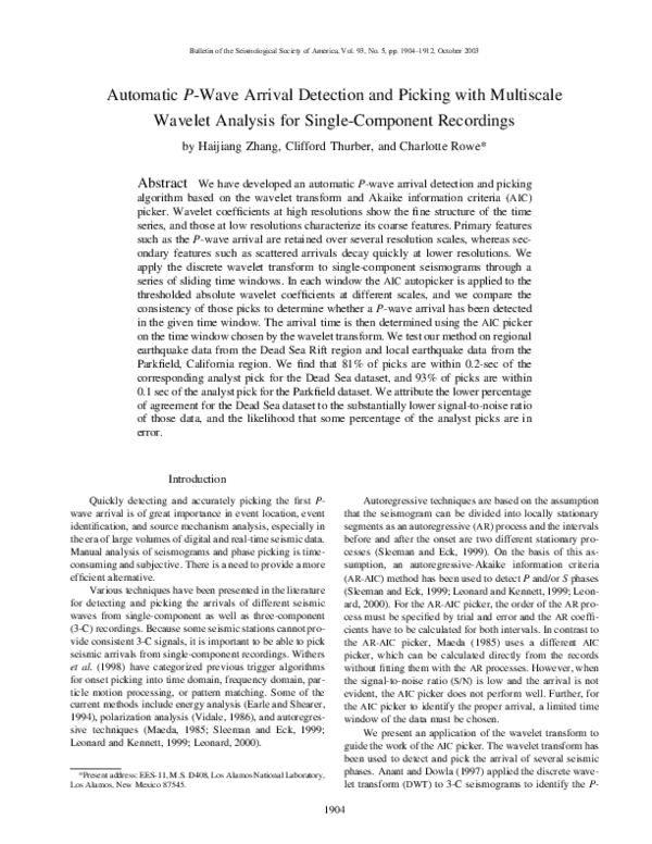 (PDF) Automatic P-Wave Arrival Detection and Picking with Multiscale Wavelet Analysis for Single ...