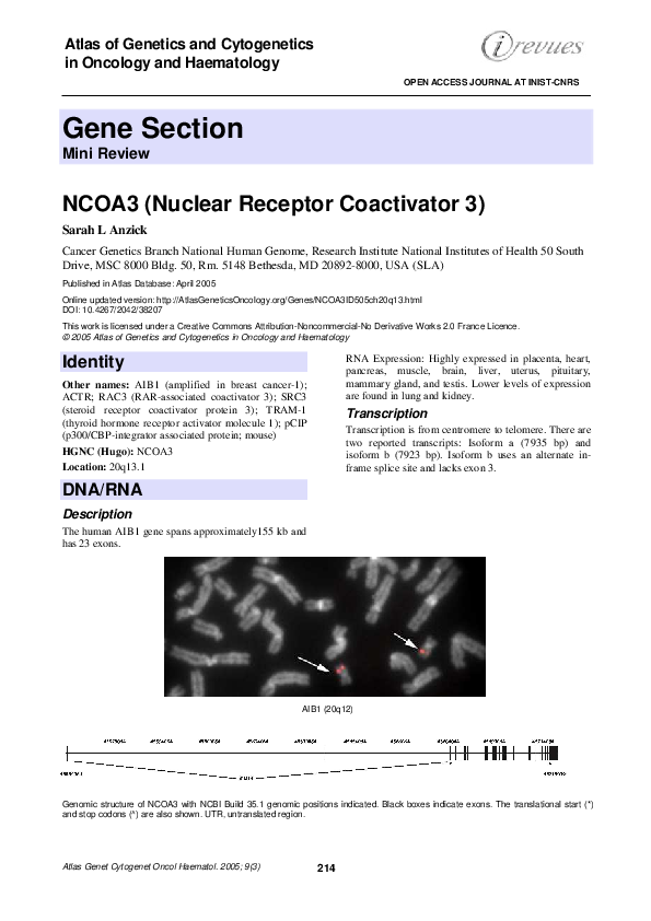 (PDF) NCOA3 (nuclear receptor coactivator 3) | Sarah Anzick - Academia.edu