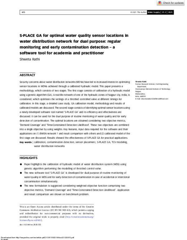 Pdf S Place Ga For Optimal Water Quality Sensor Locations In Water Distribution Network For